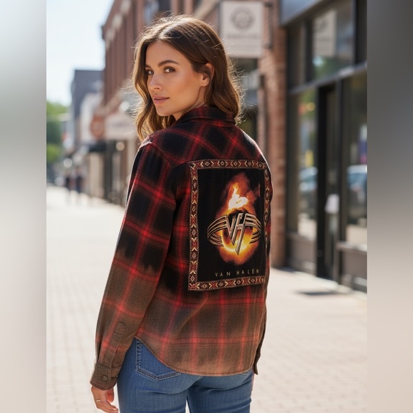 Jachs | Tops | Upcycled Flannel Plaid Shirt Diy Van Halen Graphic Size ...
